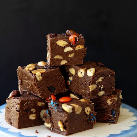 Trail Mix Fudge with M&M's Raisins and Mixed Nuts