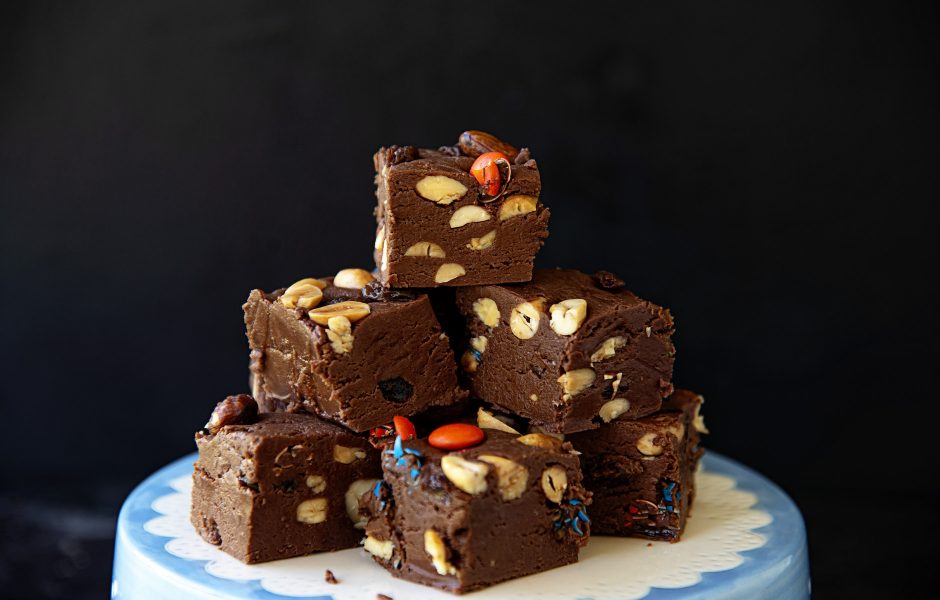 Trail Mix Fudge with M&M's Raisins and Mixed Nuts