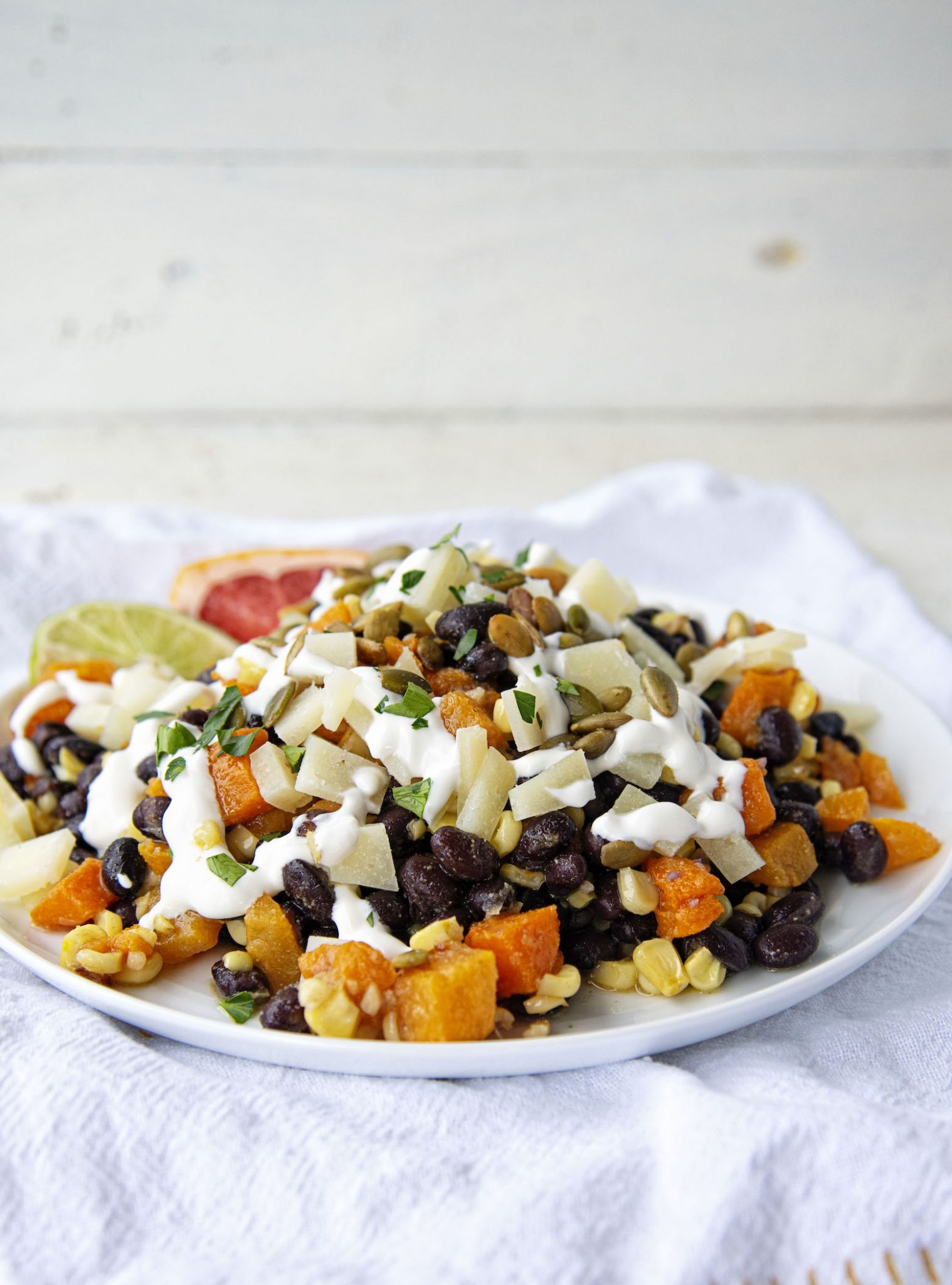 Black Bean Squash Corn Salad with Grapefruit Crema