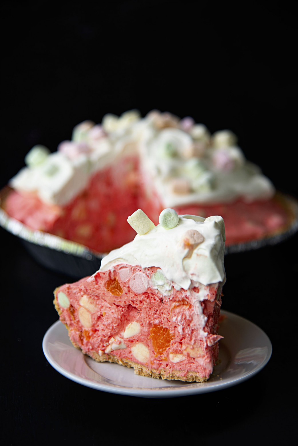 Fruity Marshmallow Raspberry Jello Pie with Graham Cracker Crust