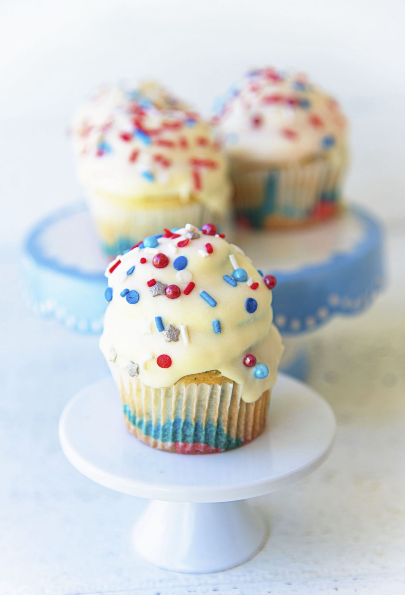 Red White and Blue Cupcakes Dipped in White Chocolate