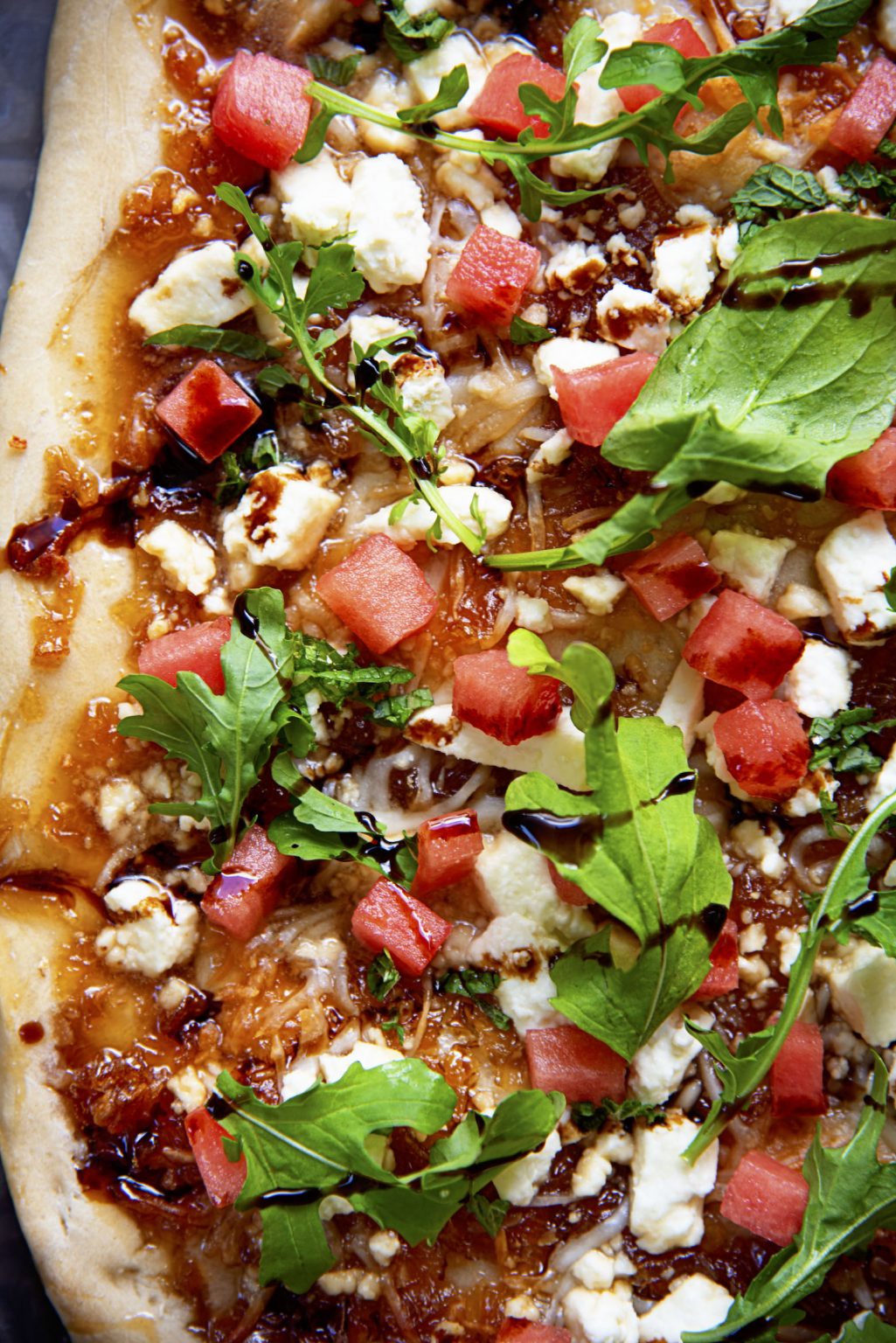 Watermelon Jam Feta Flatbread with Arugula and Balsamic Glaze