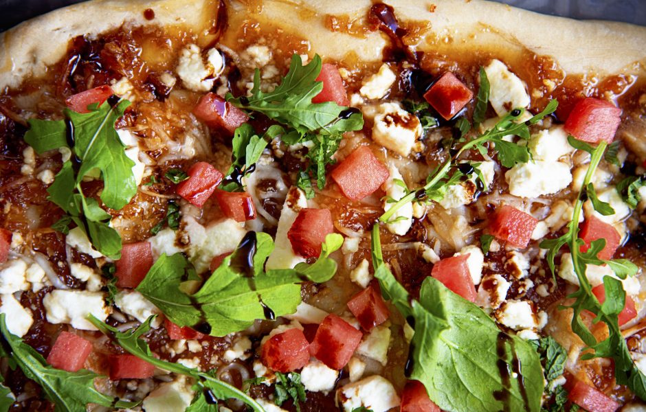 Watermelon Jam Feta Flatbread with Arugula and Balsamic Glaze