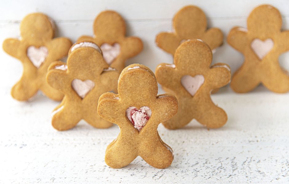 Gingerbread Shortbread Sandwich Cookies with Raspberry Jam Frosting